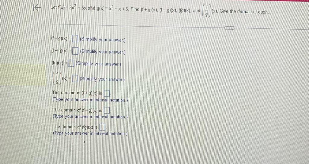 Solved 14 Let f(x)=3x2−5x anid g(x)=x2−x+5. Find (f+g)(x), | Chegg.com