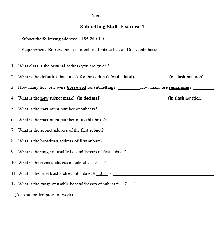 Solved Name: Subnetting Skills Exercise 1 Subnet the | Chegg.com