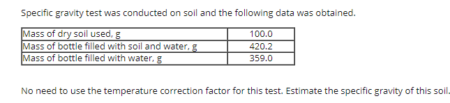 Solved Specific gravity test was conducted on soil and the | Chegg.com