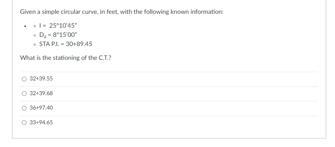 Solved Given a simple circular curve, in feet, with the | Chegg.com