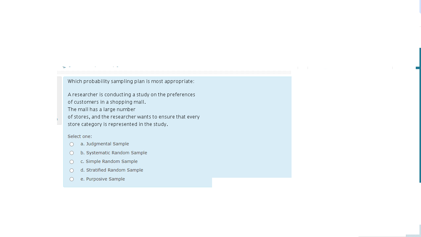 Solved Which probability sampling plan is most appropriate:A | Chegg.com