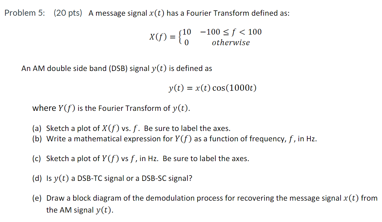 Solved Problem 5: (20 pts) A message signal x(t) has a | Chegg.com