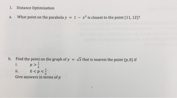 Solved Distance Optimization a. What point on the parabola | Chegg.com