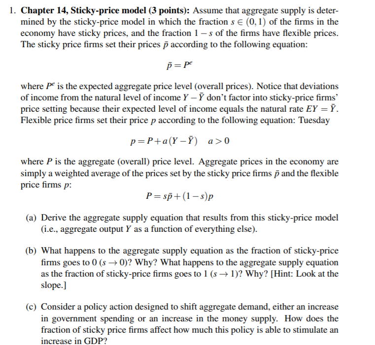 1. Chapter 14, Sticky-price model (3 points): Assume | Chegg.com