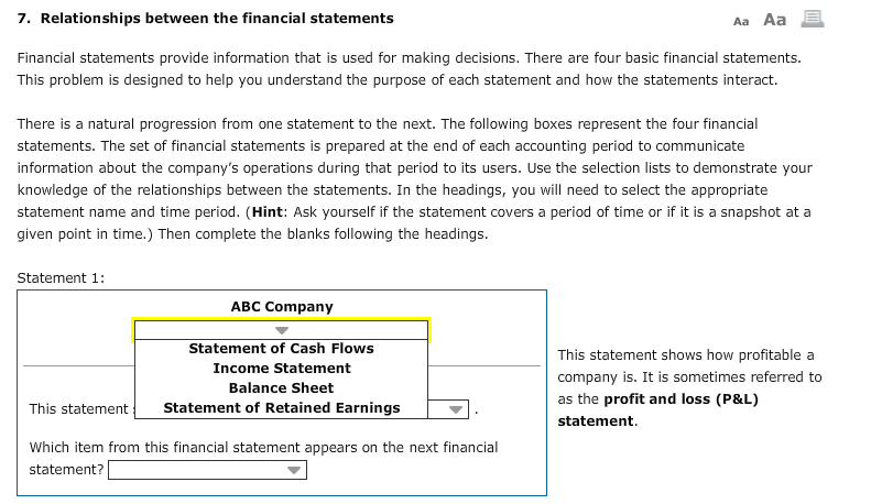 Solved 7. Relationships between the financial statements Aa | Chegg.com