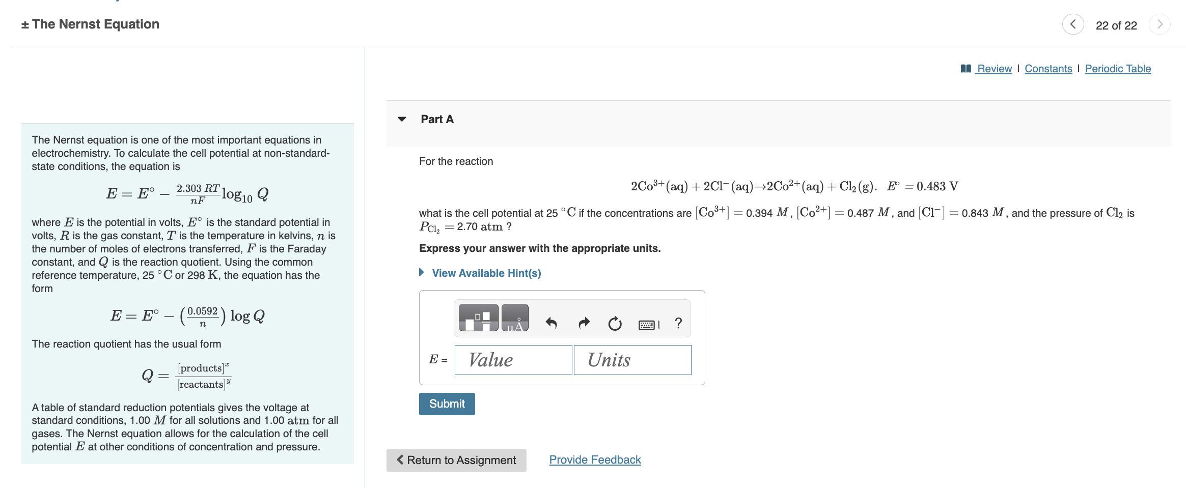 Solved \pm The Nernst Equation