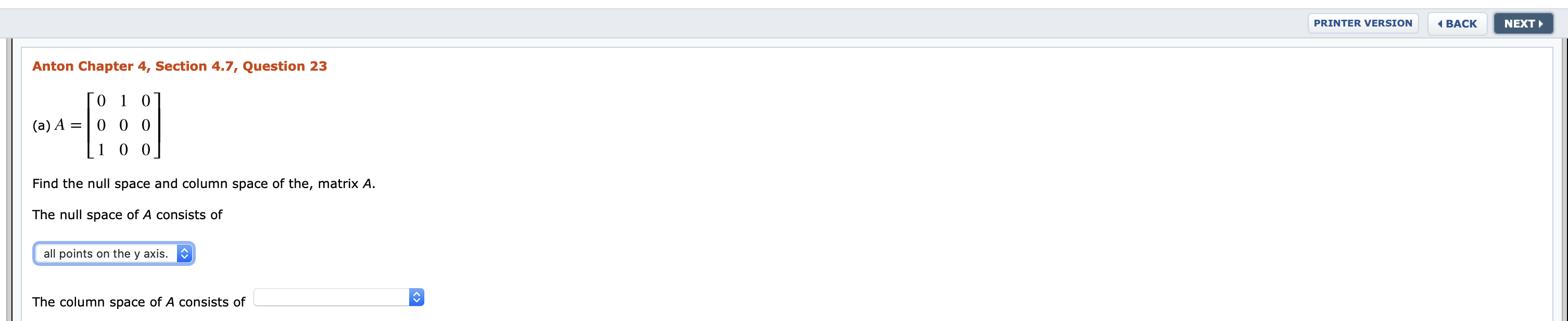 Solved Find the null space and column space of the, matrix | Chegg.com