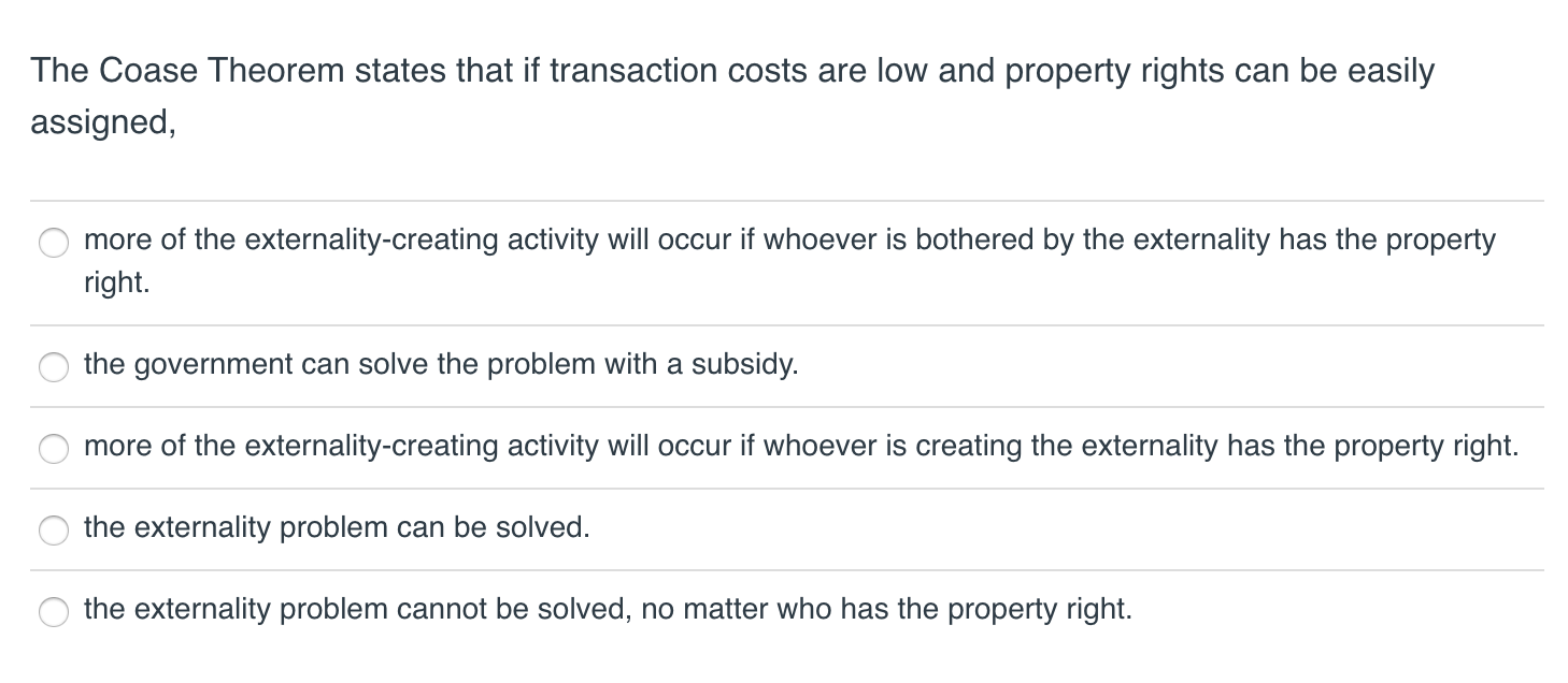 Solved The Coase Theorem states that if transaction costs | Chegg.com