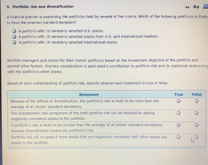 Solved 5 Portfolio Risk And Diversification A Financial