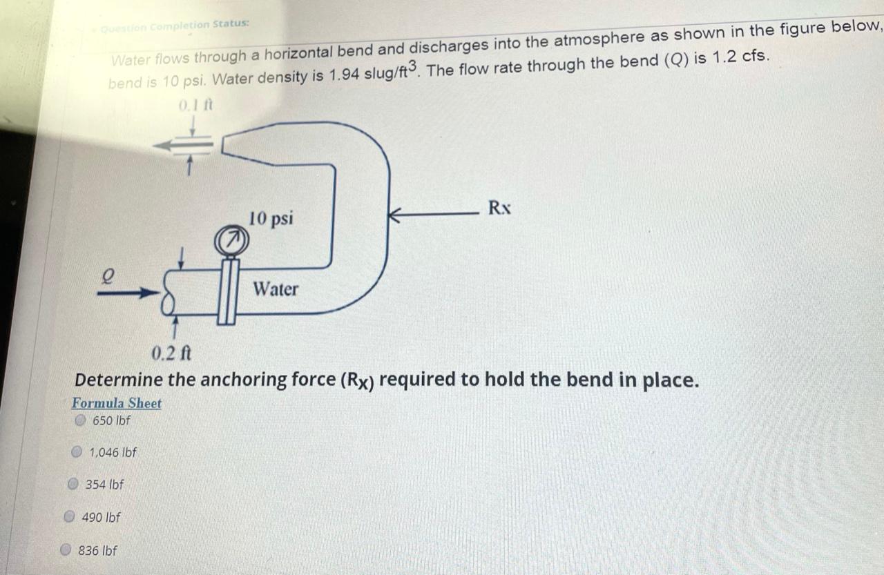 Solved Completion Status: Water flows through a horizontal | Chegg.com