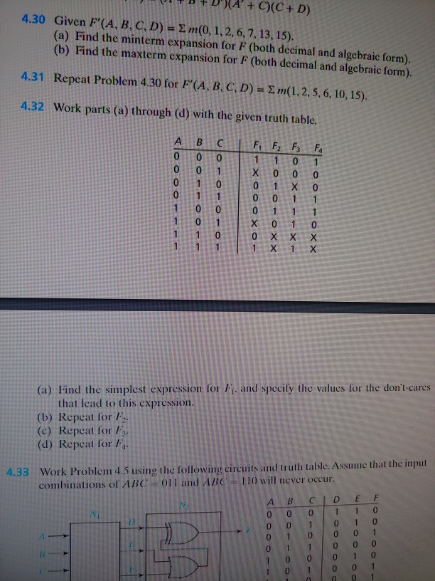 Solved 4.30 Given F'(A, B, C, D) (a) Find the minterm | Chegg.com