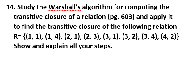 Solved 14. Study the Warshall's algorithm for computing the | Chegg.com