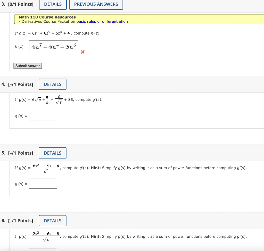 Solved Math 110 Course Resources - Derivatives Course Packet | Chegg.com