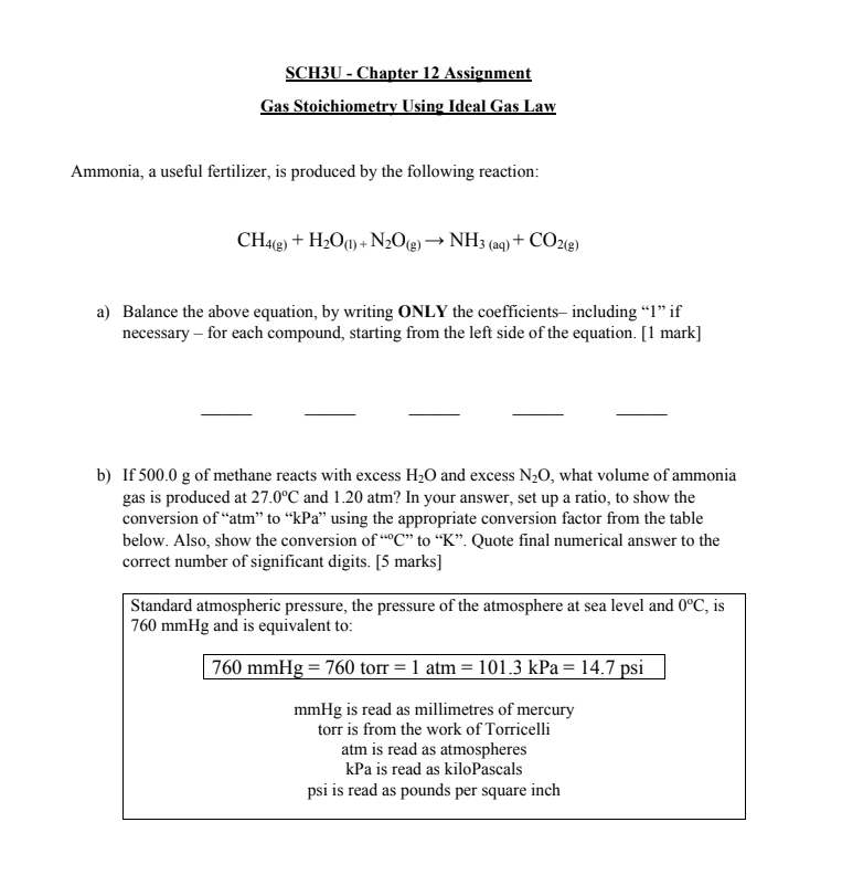 Solved SCH3U - Chapter 12 Assignment Gas Stoichiometry Using | Chegg.com