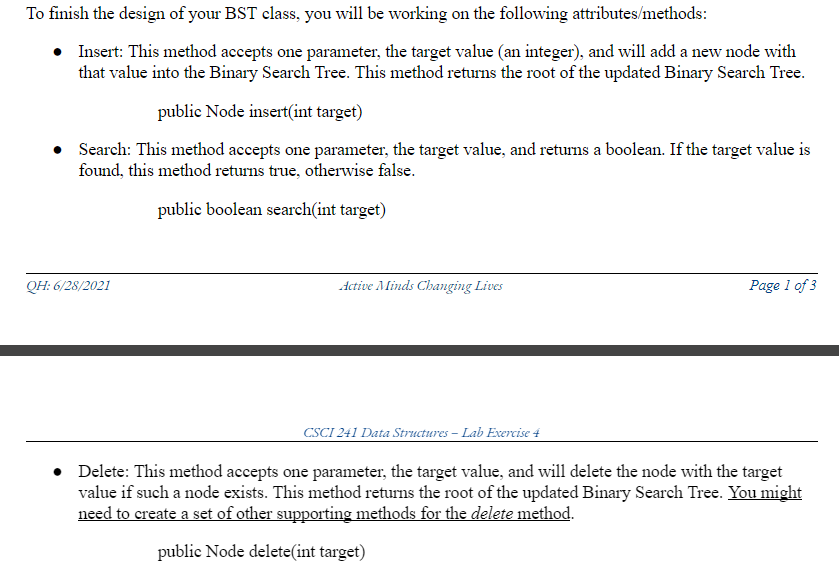 Solved To finish the design of your BST class, you will | Chegg.com
