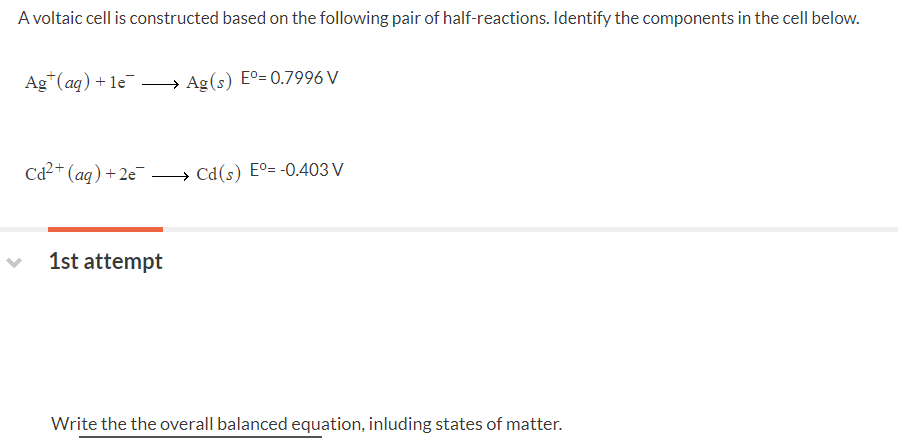 Solved A voltaic cell is constructed based on the following | Chegg.com