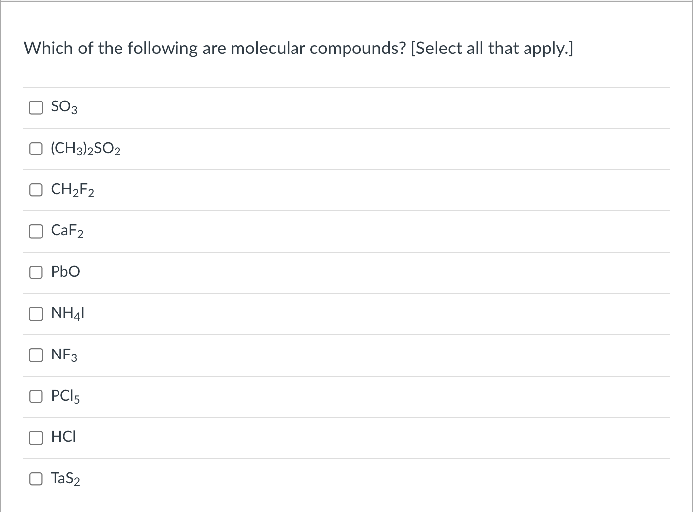 Solved Which of the following are molecular compounds? | Chegg.com
