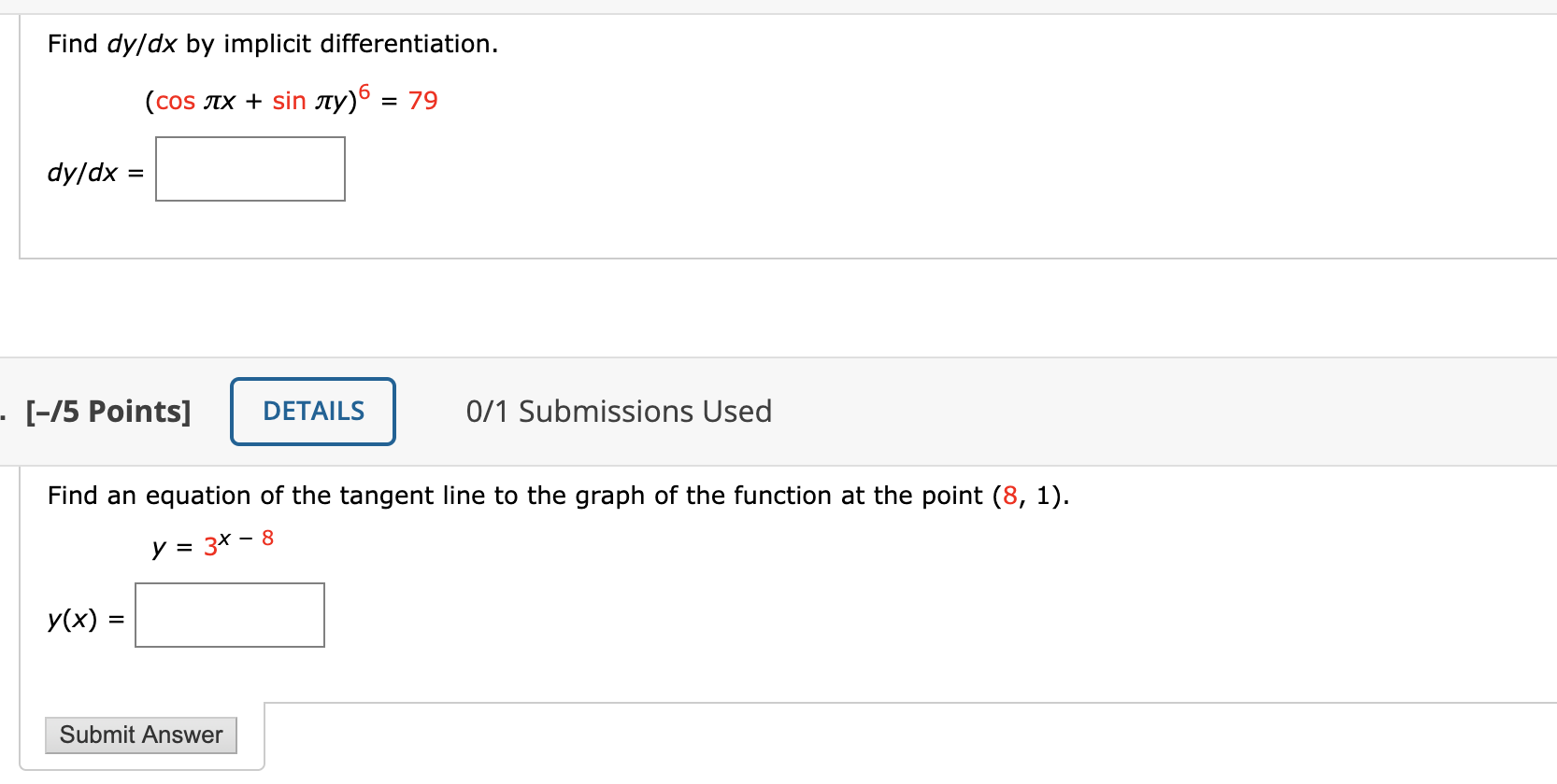 Solved Find dy/dx by implicit differentiation. (cos πx + sin | Chegg.com
