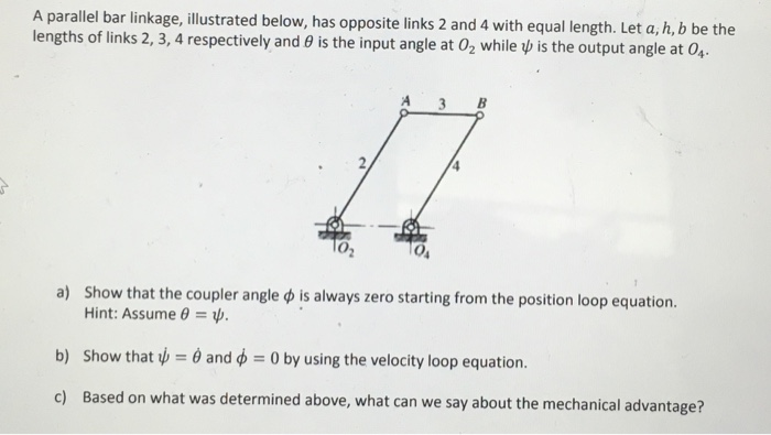 Solved A parallel bar linkage, illustrated below, has | Chegg.com
