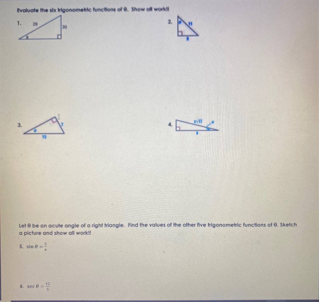 Solved Evaluate the six trigonometric functions of e. Show | Chegg.com