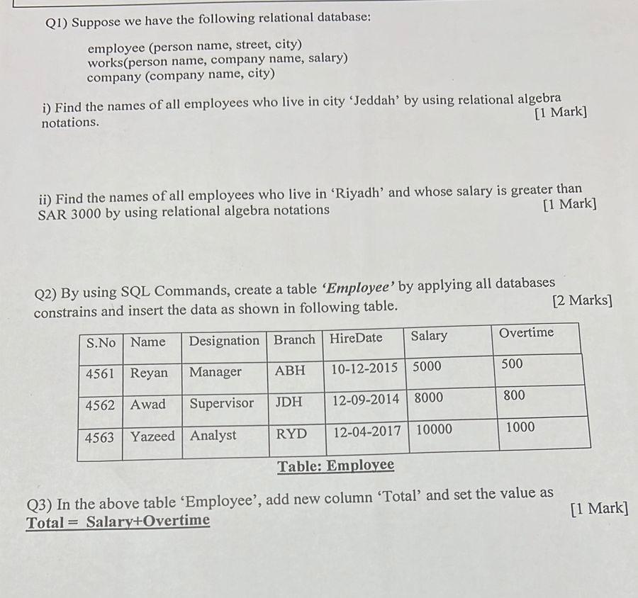 Solved Q1) Suppose we have the following relational | Chegg.com