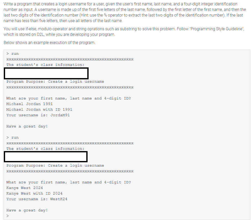 Solved Write a program that creates a login username for a | Chegg.com