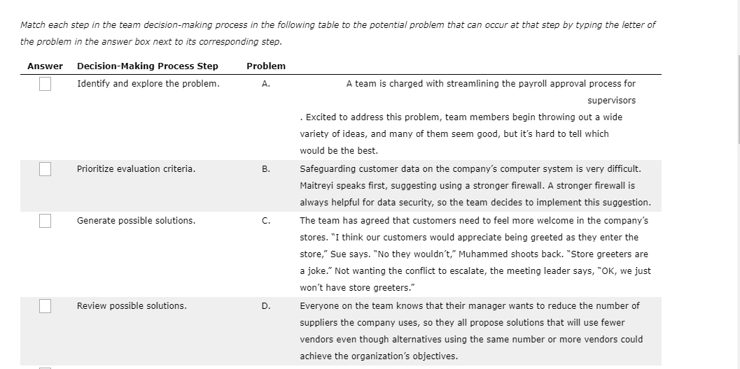 Solved Match each step in the team decision-making process | Chegg.com