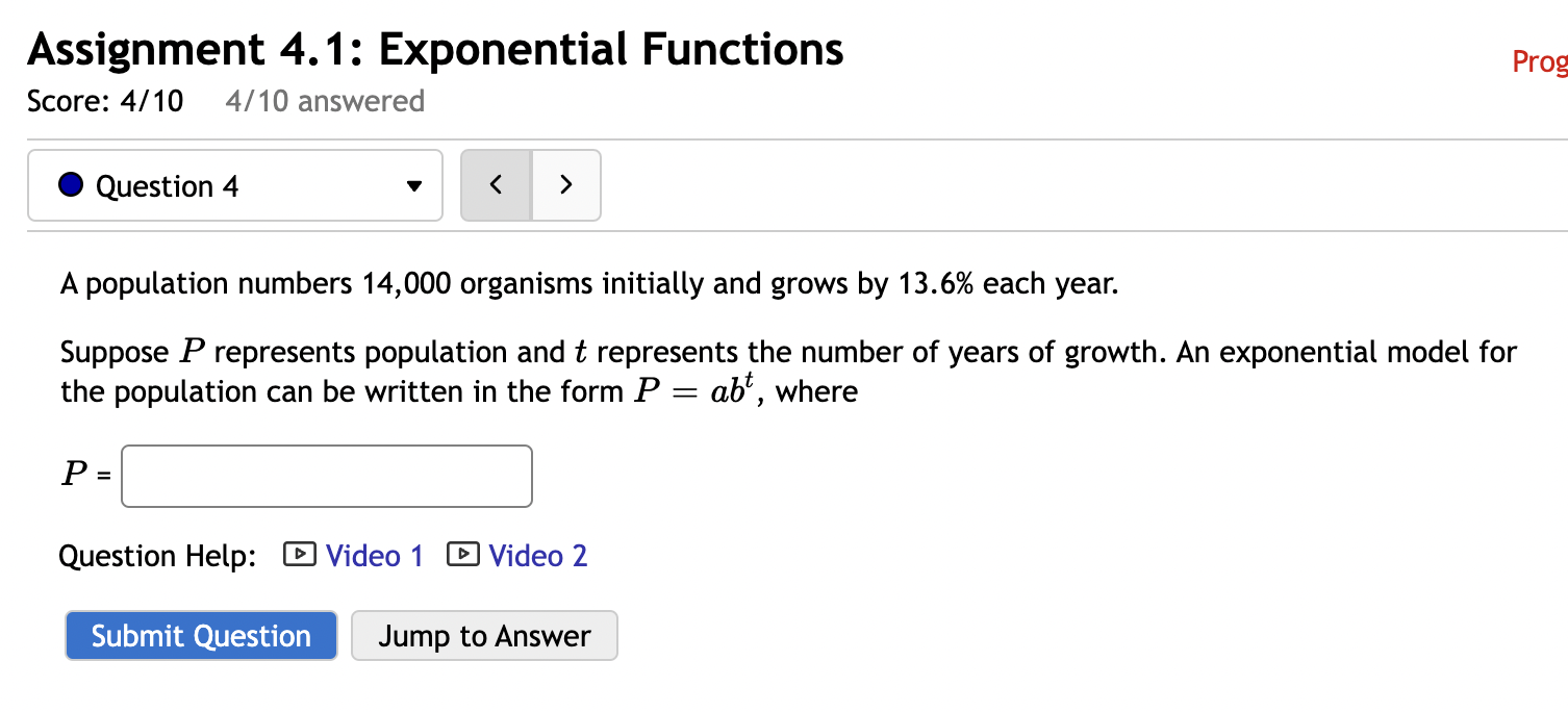 Solved Assignment 4.1: Exponential Functions Score: 4/10 | Chegg.com