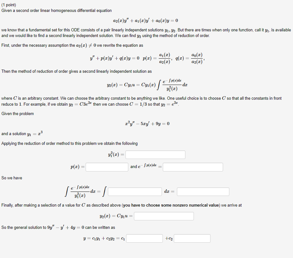 Solved (1 point) Given a second order linear homogeneous | Chegg.com