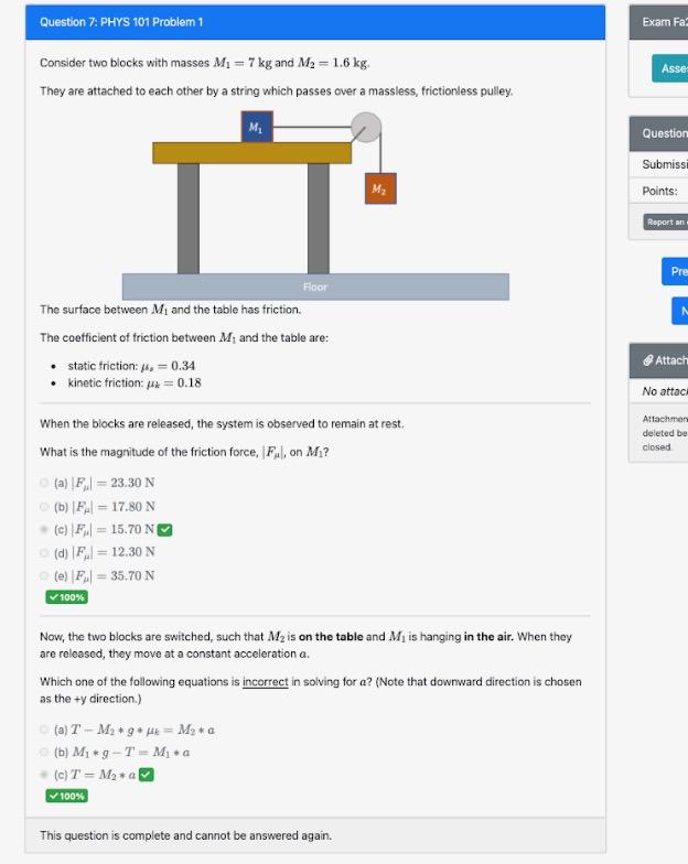 Solved Consider two blocks with masses M1=7 kg and M2=1.6 | Chegg.com