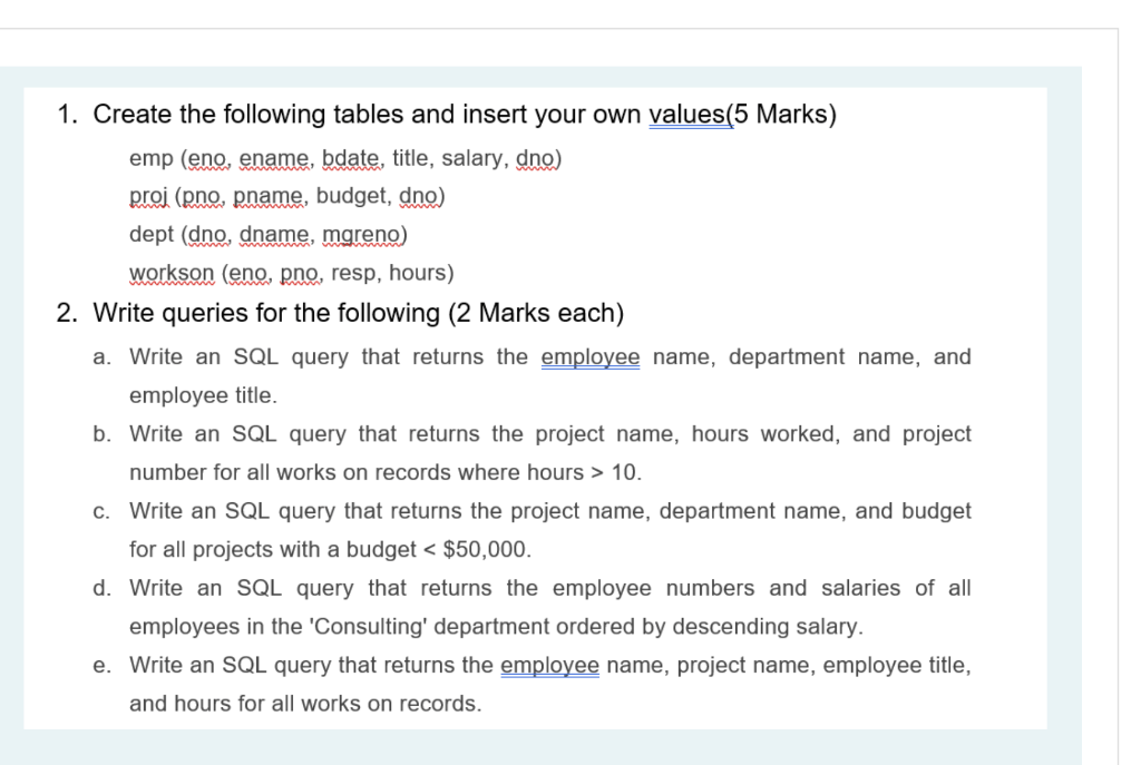 Solved 1. Create the following tables and insert your own | Chegg.com