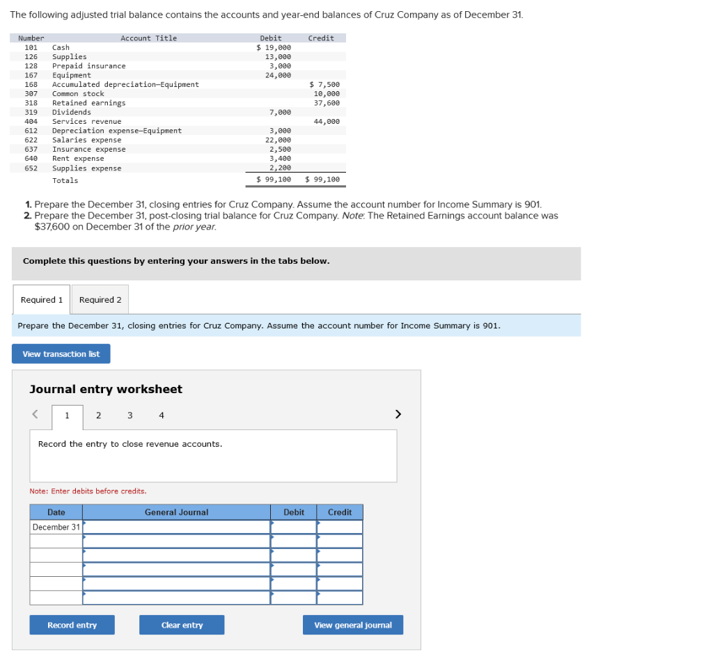 Solved 1. Prepare the December 31, closing entries for Cruz | Chegg.com