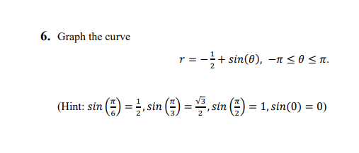 Solved 6. Graph the curve r=−21+sin(θ),−π≤θ≤π. (Hint: | Chegg.com