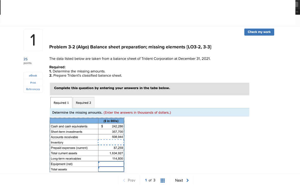 Solved Check my work 1 Problem 3-2 (Algo) Balance sheet | Chegg.com