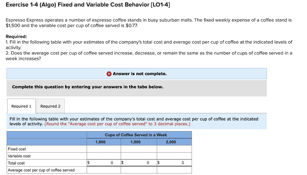 Solved Exercise 1-4 (Algo) Fixed and Variable Cost Behavior | Chegg.com