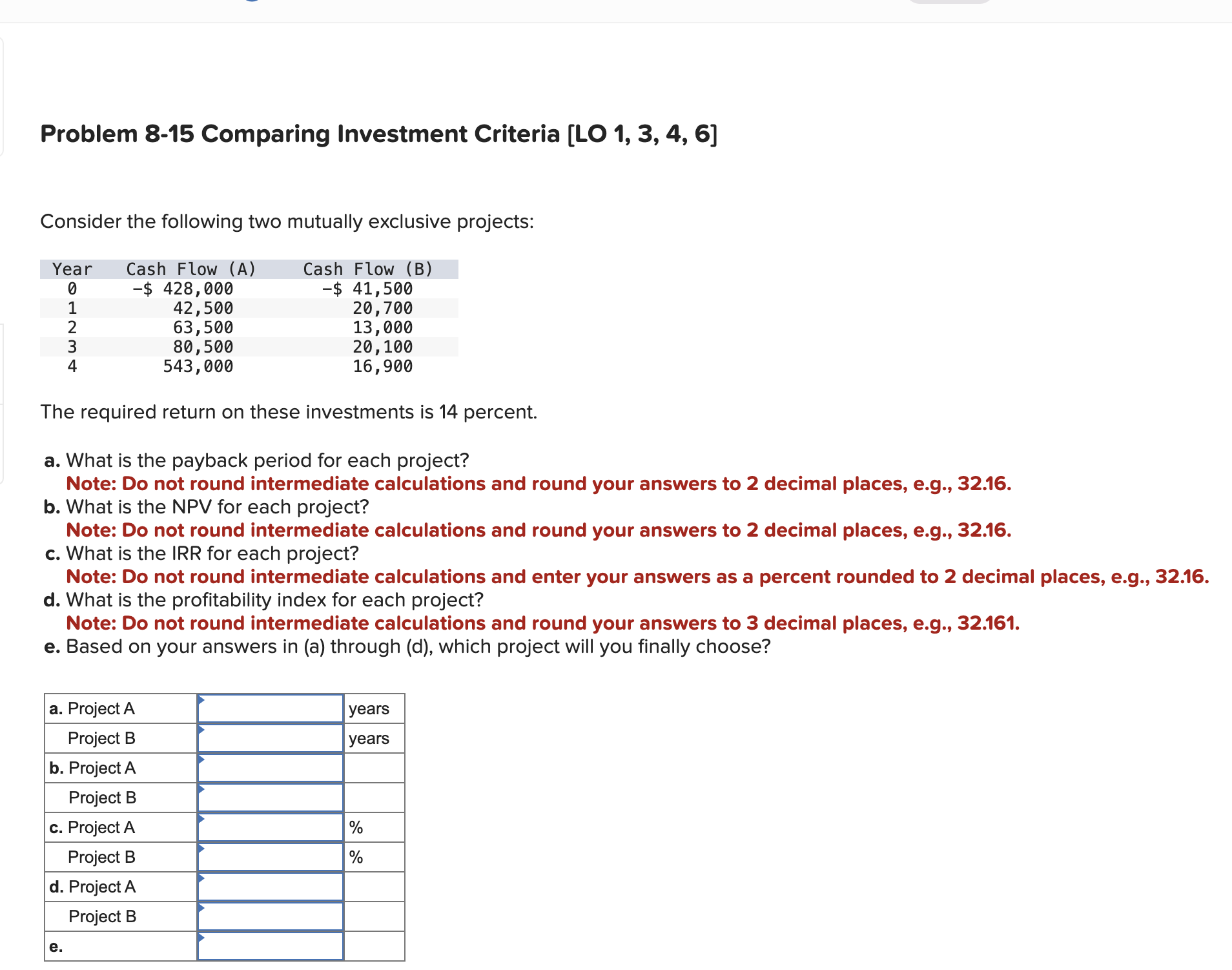 Solved Problem 8-15 Comparing Investment Criteria [LO 1, 3, | Chegg.com