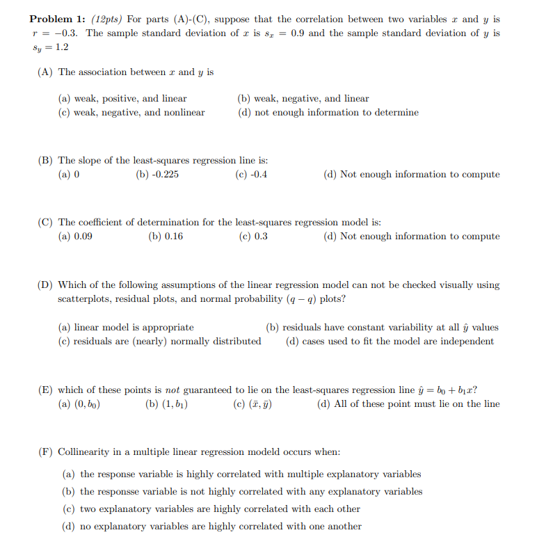Solved Problem 1: (12pts) For parts (A)-(C), suppose that | Chegg.com