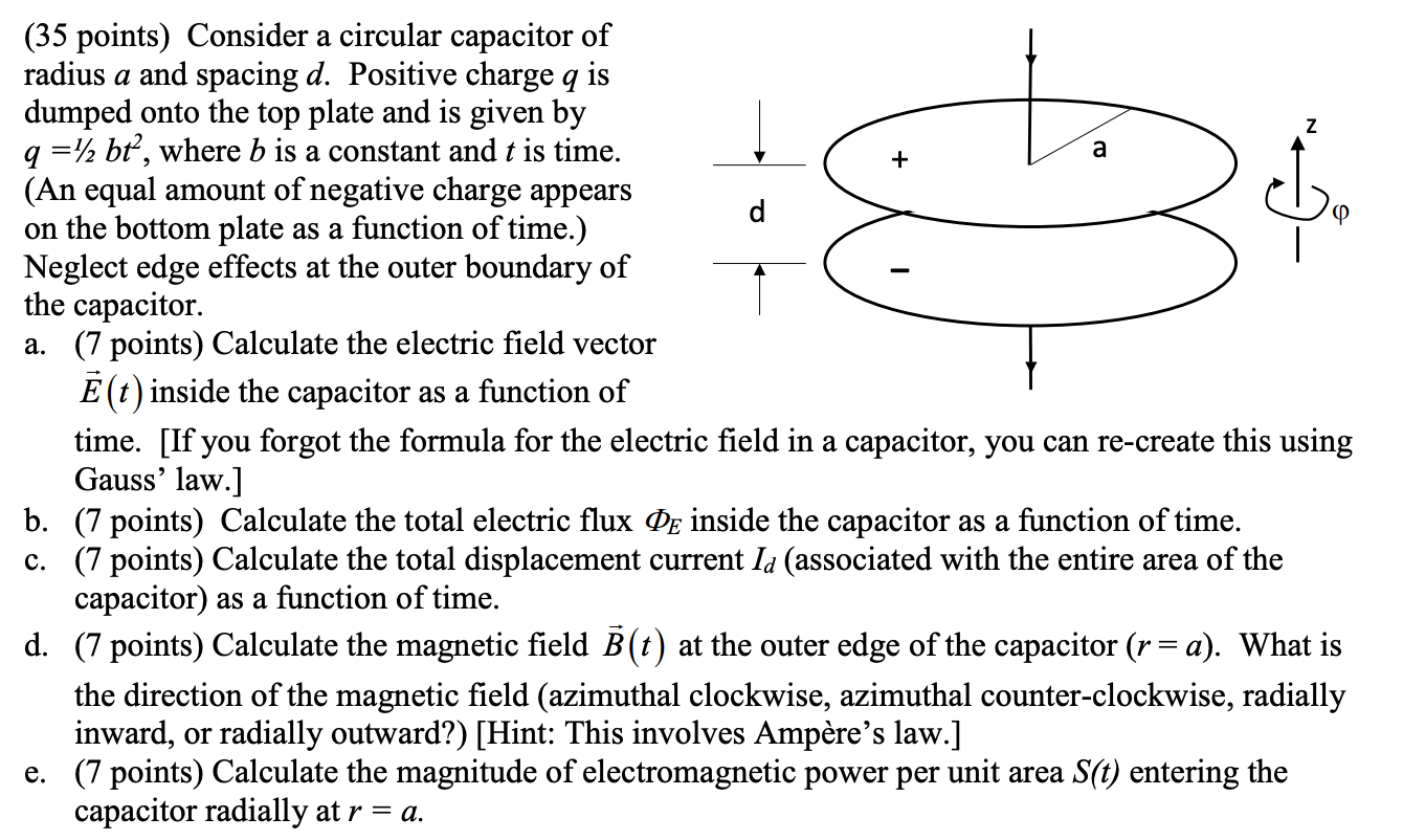 Solved Z a + φ (35 points) Consider a circular capacitor of | Chegg.com