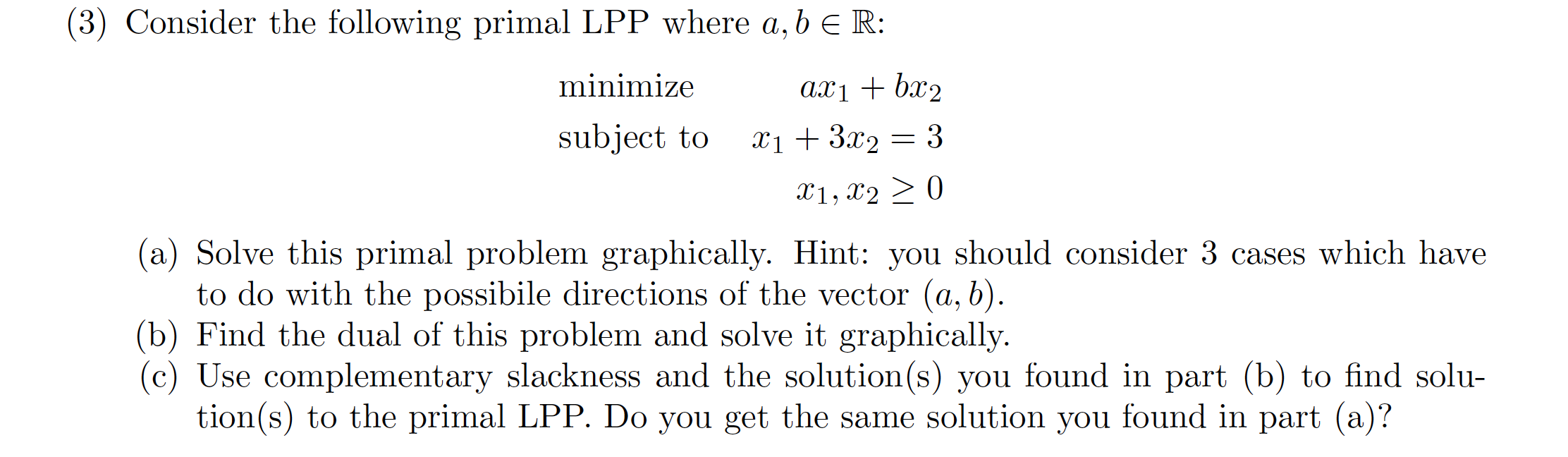 Solved (3) Consider the following primal LPP where a, b ER: | Chegg.com