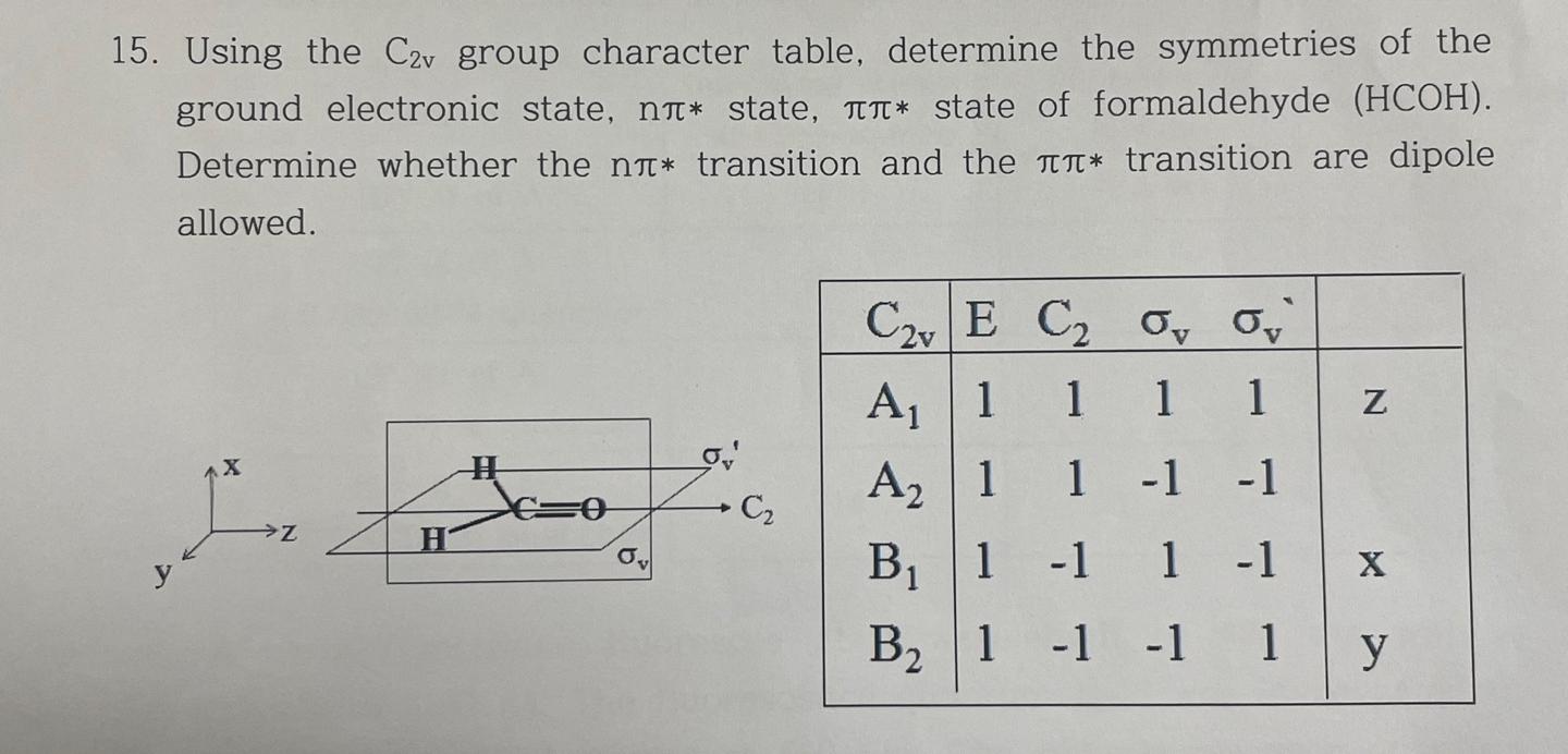 Solved 5. Using the C2v group character table, determine the | Chegg.com