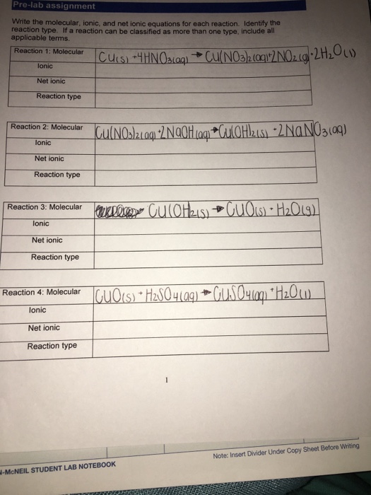 Solved Pre-lab assignment Write the molecular, ionic, and | Chegg.com