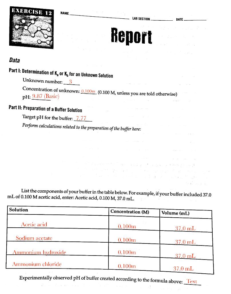 EXERCISE 12 NAME LAB SECTION DATE Report Data Part I: | Chegg.com