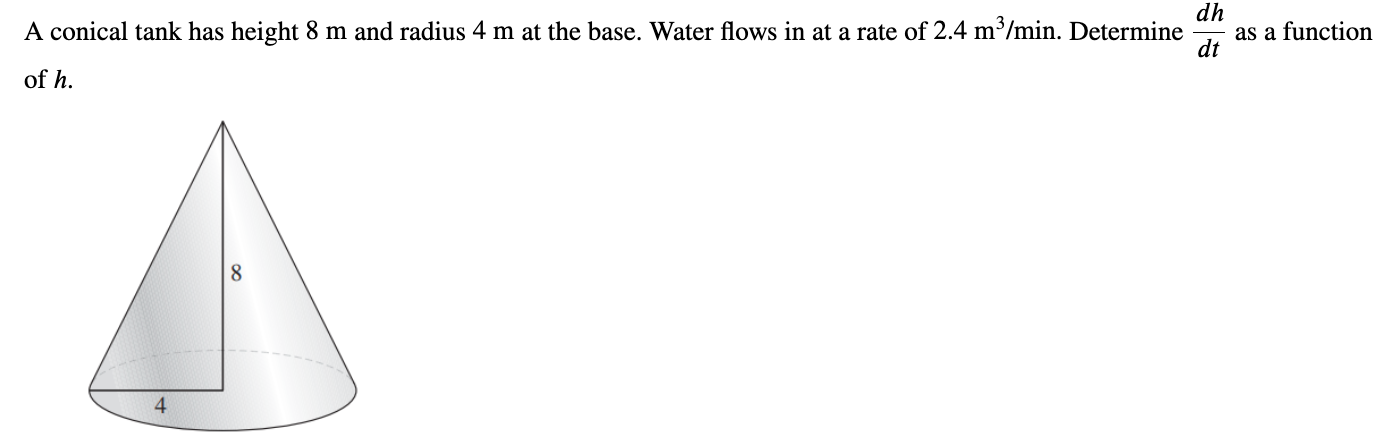 Solved A conical tank has height 8 m and radius 4 m at the | Chegg.com