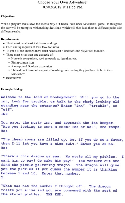 Solved Choose Your Own Adventure! 02/02/2018 at 11:55 PM | Chegg.com
