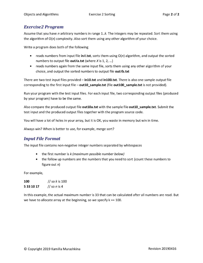 Solved Objects and Algorithms Exercise 2 Sorting Page 1 of 2 | Chegg.com