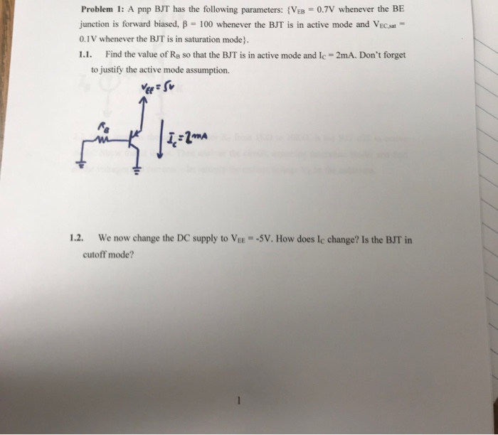 Solved Problem 1: A pnp BJT has the following parameters: | Chegg.com | Chegg.com