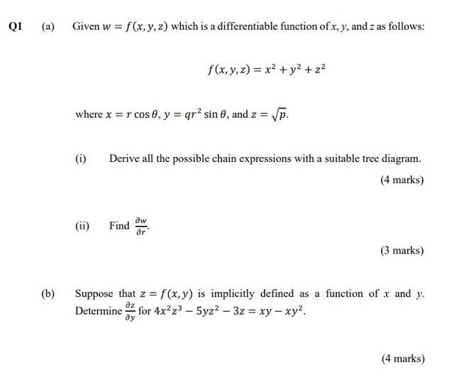 Solved Given w=f(x,y,z) which is a differentiable function | Chegg.com