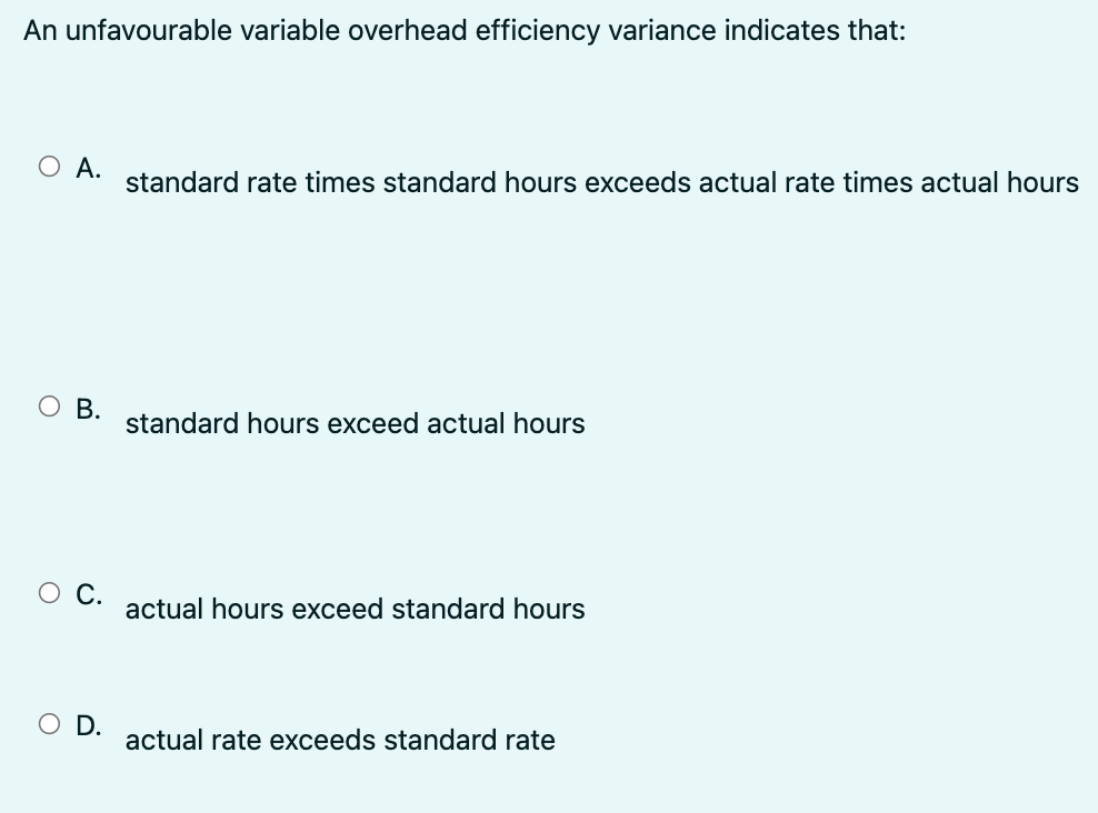 Solved An unfavourable variable overhead efficiency variance | Chegg.com
