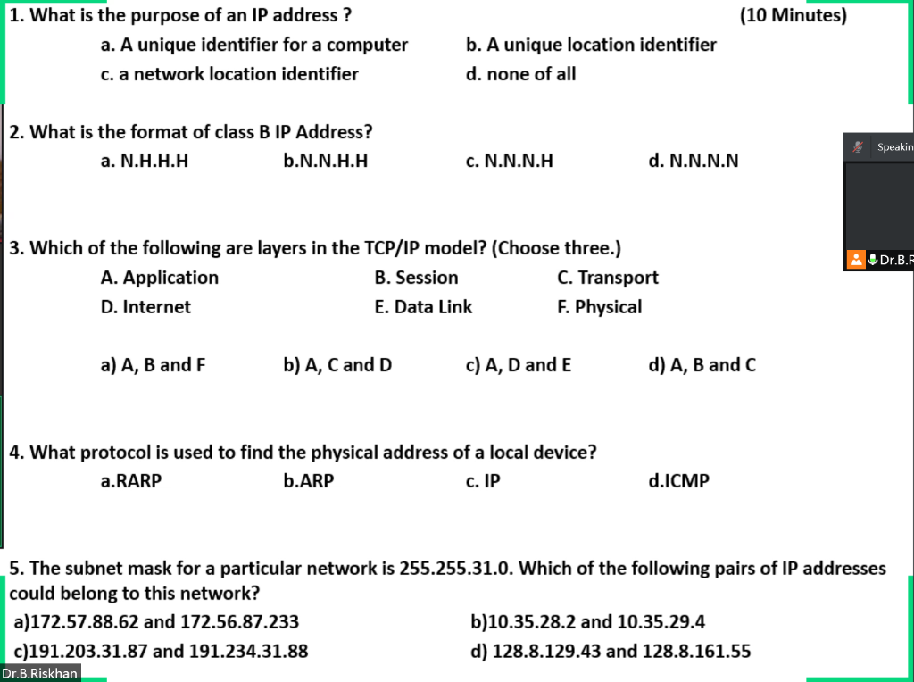 Solved (10 Minutes) 1. What is the purpose of an IP address | Chegg.com