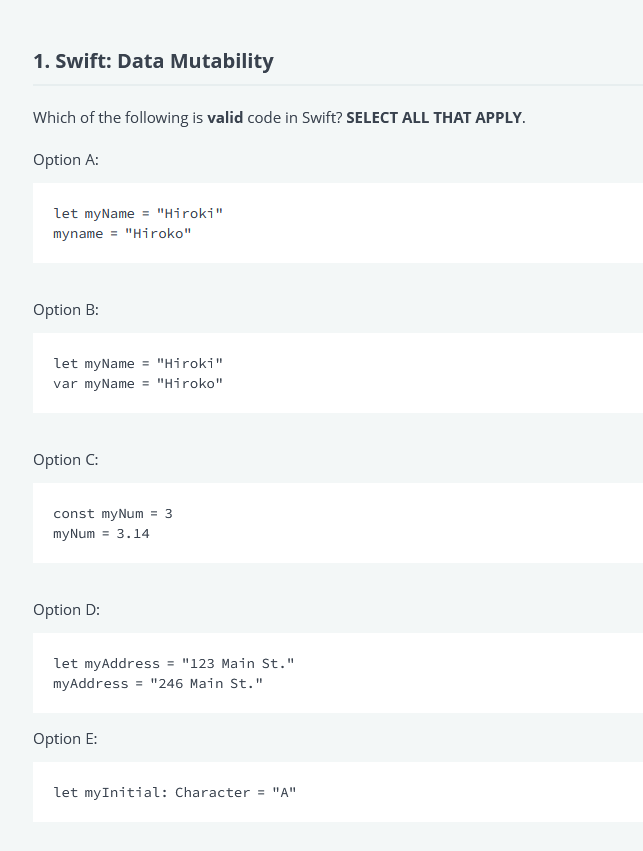 Solved 1. Swift: Data Mutability Which of the following is | Chegg.com